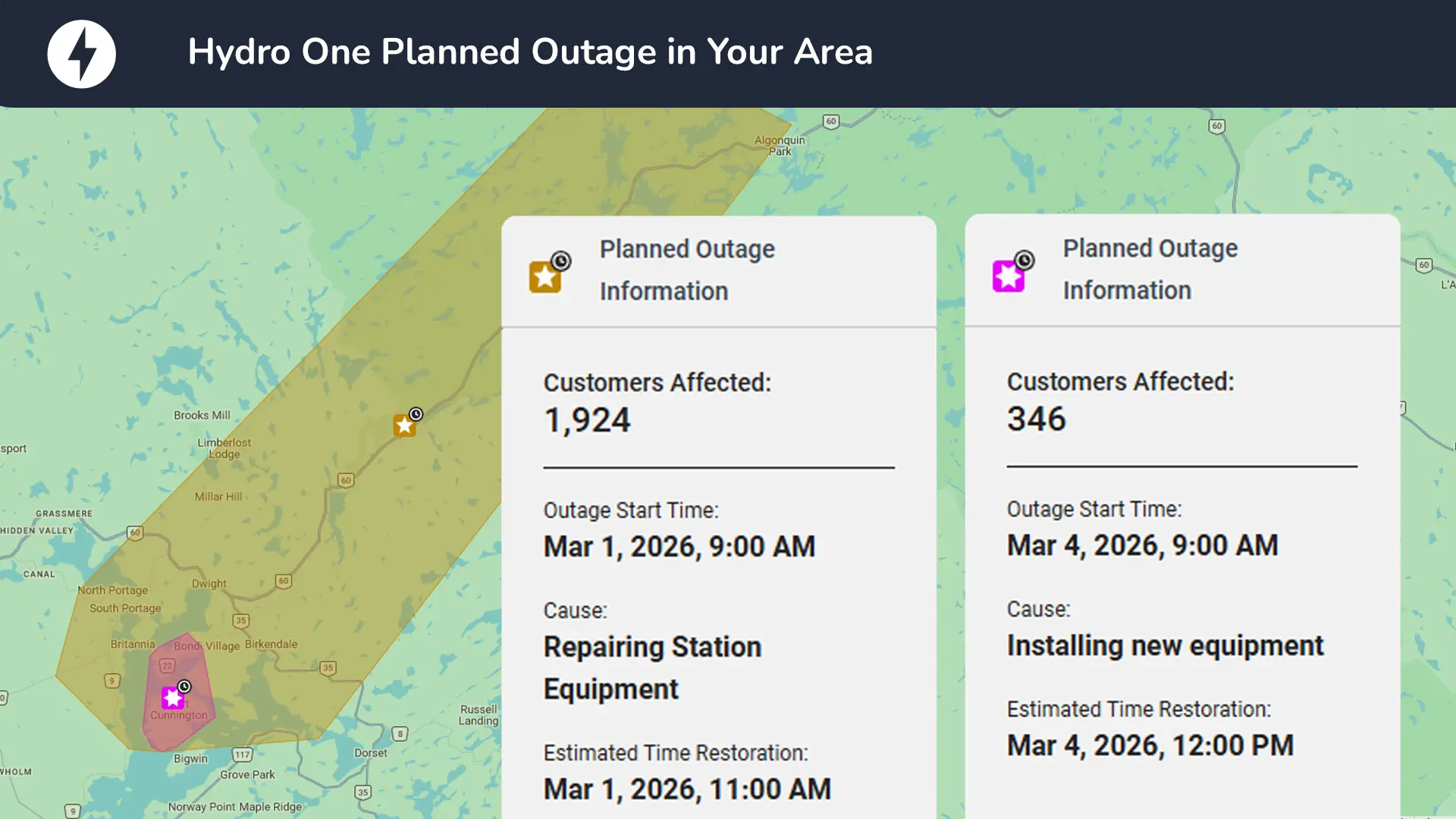 Planned Hydro One Power Outage on March 1 and 4, 2026